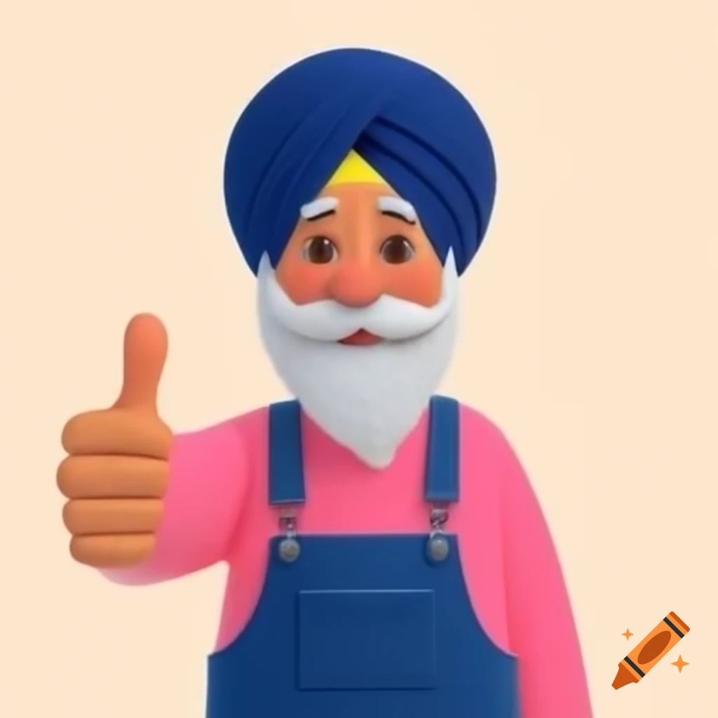 Smiling elderly Sikh man giving thumbs up in animation, wearing navy ...