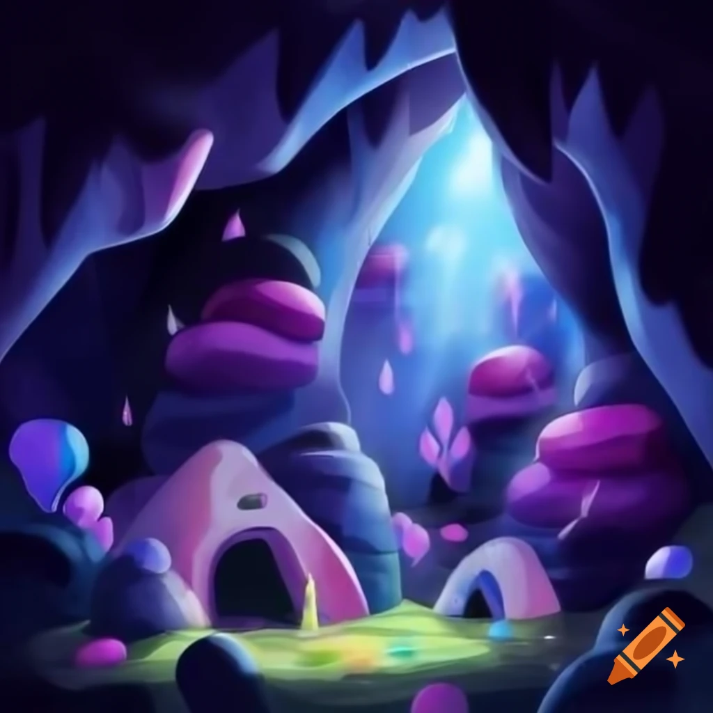 Whimsical cave filled with glittering rock candy formations and glowing ...