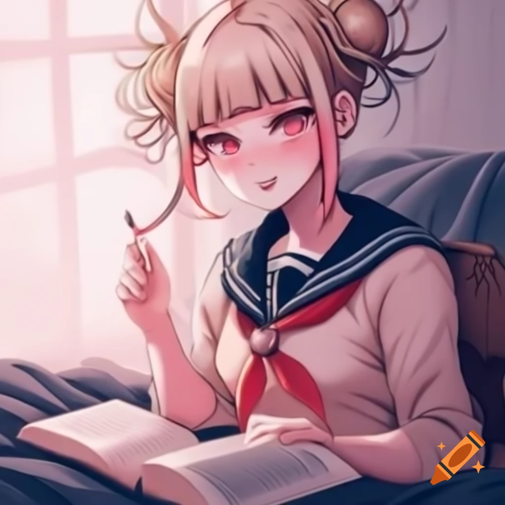 Stylized anime girl himiko toga sitting on bed reading a book ...
