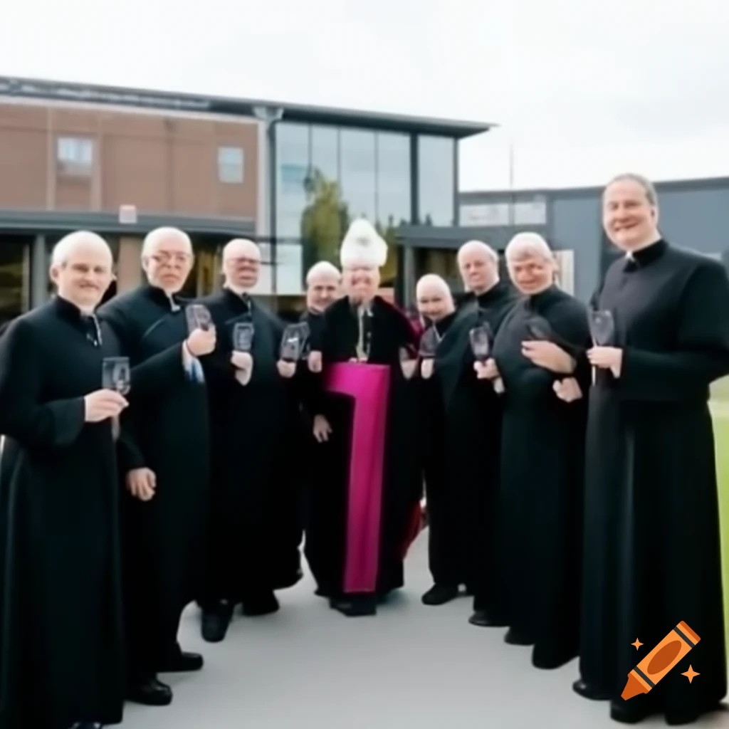 Smiling priests and bishops in religious robes celebrating outside ...