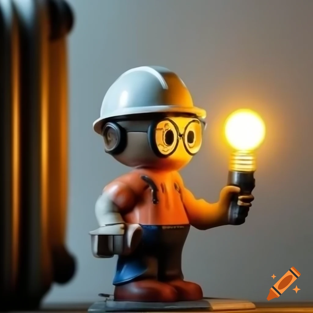 Figurine of energy engineer with helmet holding light bulb and radiator ...
