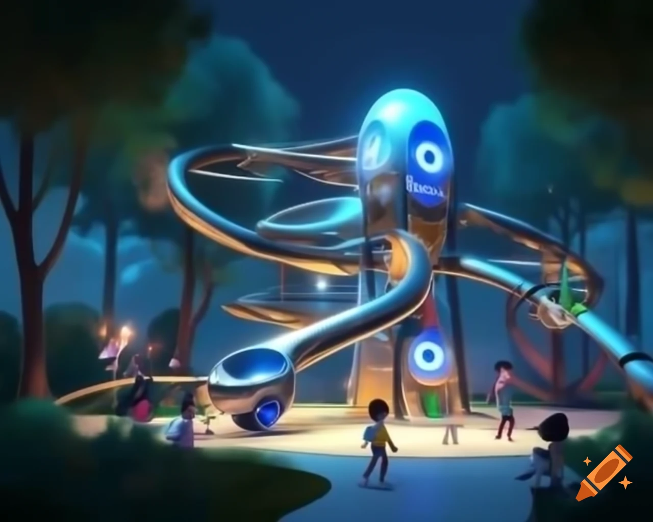 Futuristic playground with children and glowing robotic playmates on ...