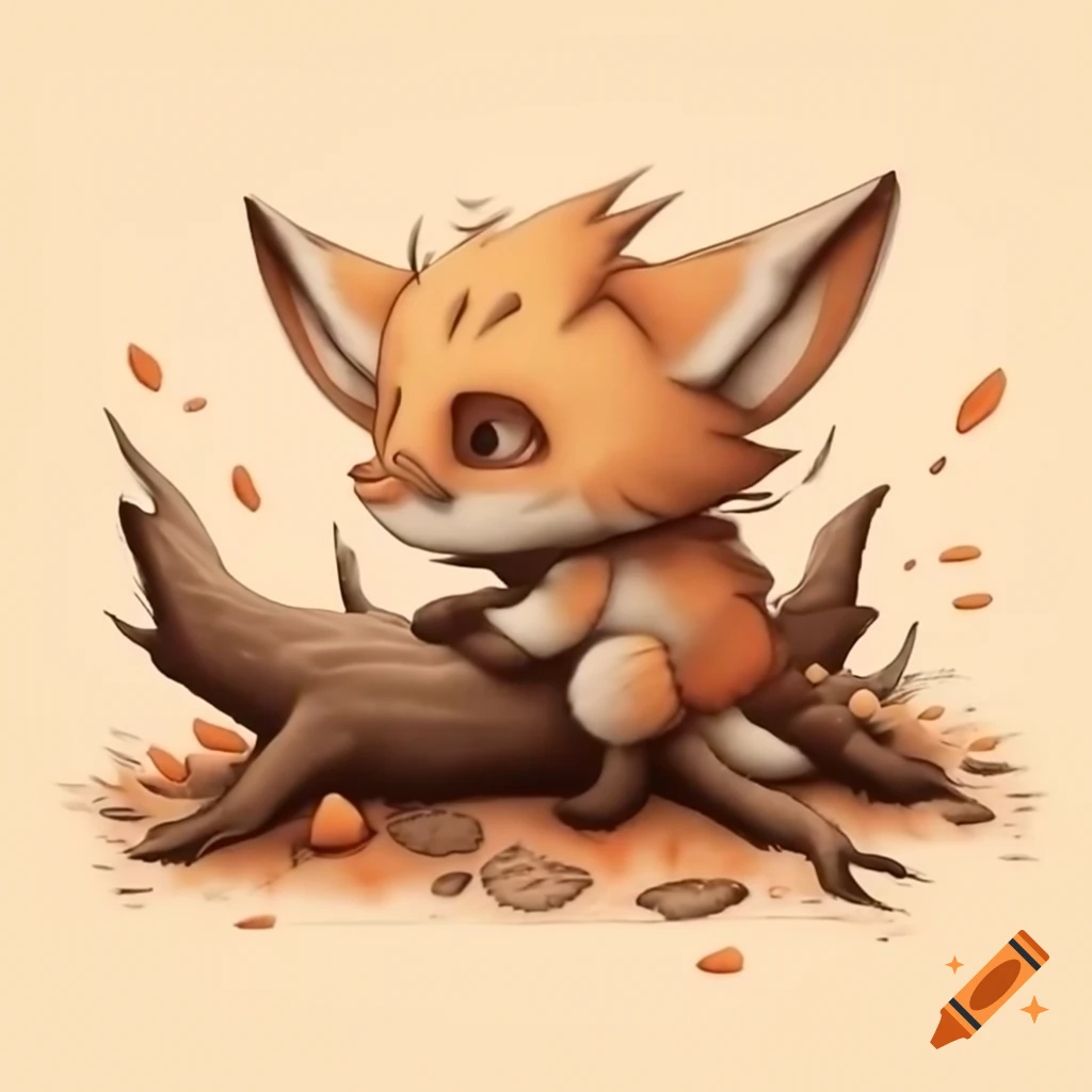 Small fox-like creature seeking warmth under autumn tree on Craiyon