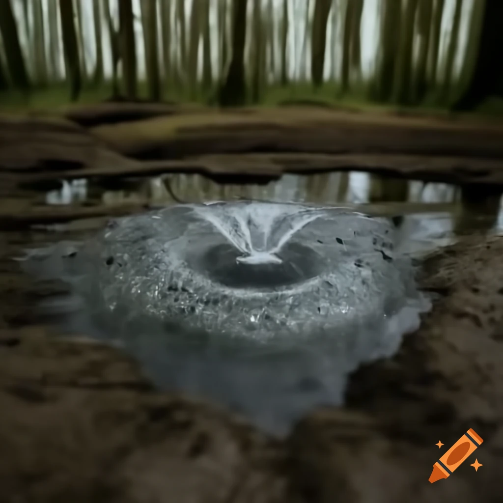 Clear water fountain in muddy forest setting on Craiyon