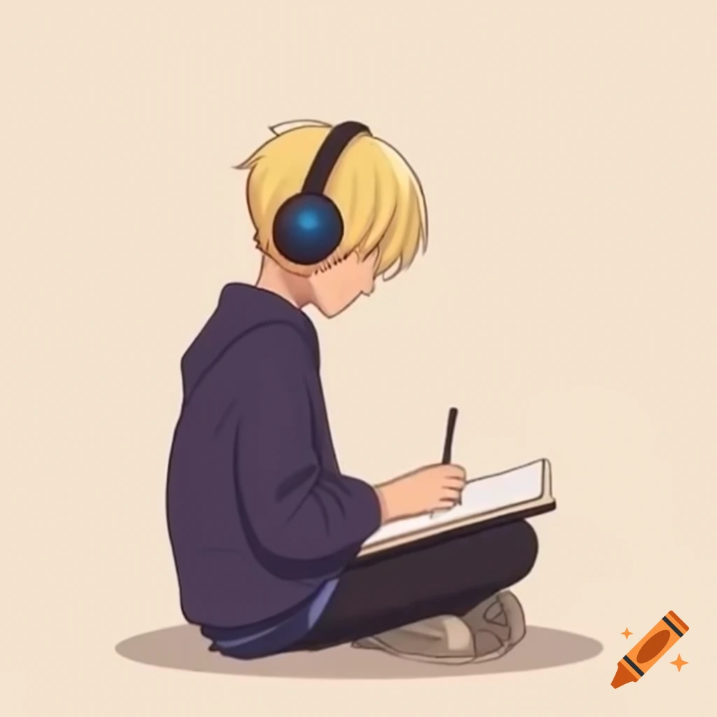 Blonde anime male with headphones writing in notebook while sitting on ...