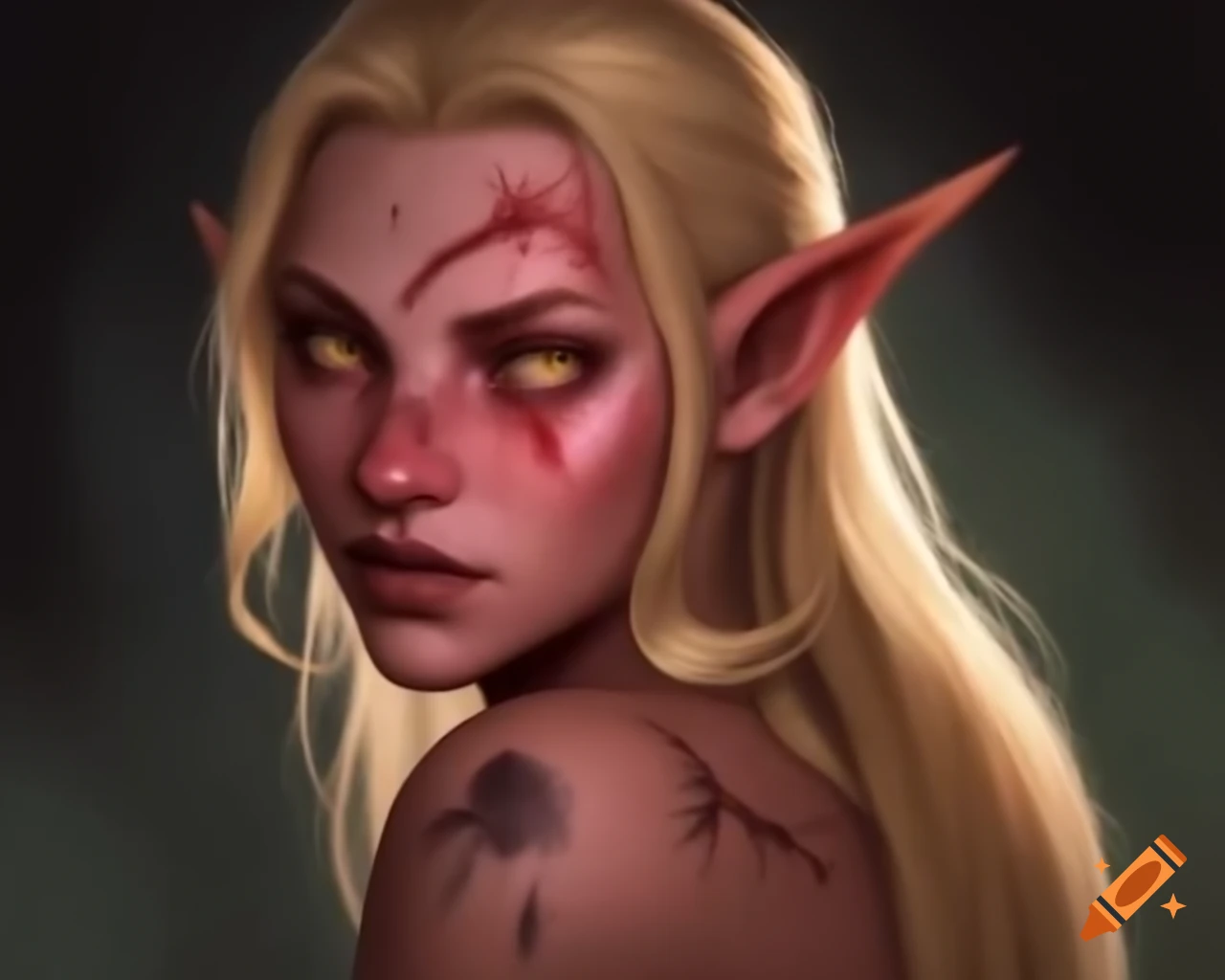 Brave elf woman hunter with healed scars, blond hair, tattoos, and ...