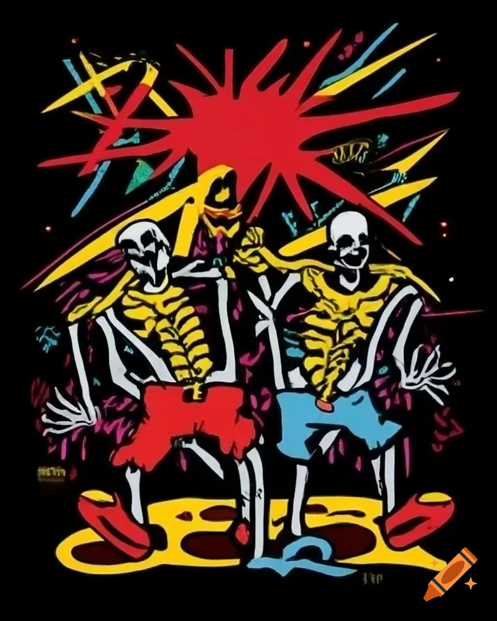 Vibrant graffiti with skeletal figures in chaotic dance, inspired by ...