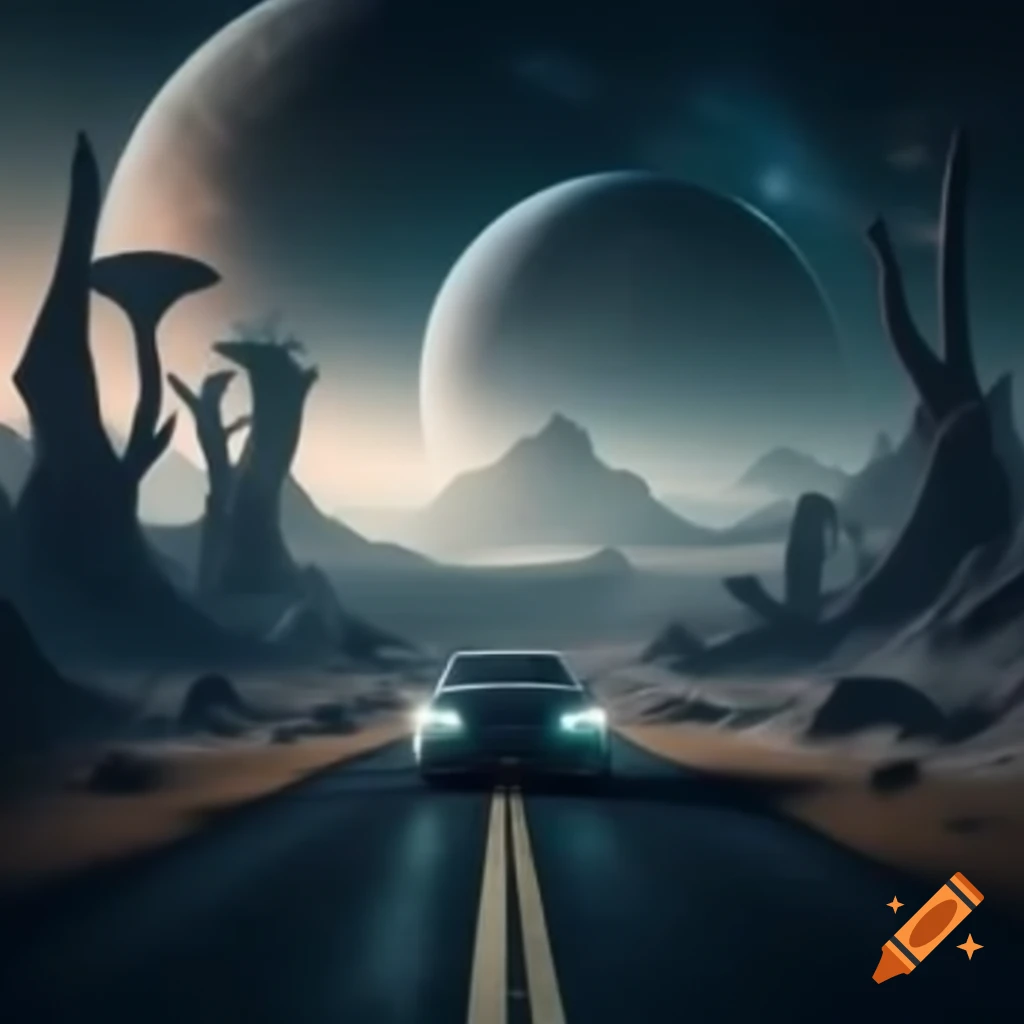 Modified vehicle racing across lunar landscape with glowing alien flora ...