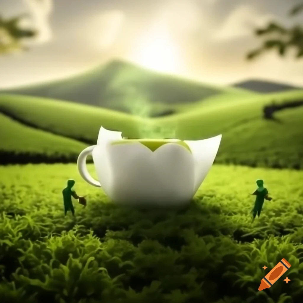 Tall white cup filled with green matcha tea in miniature tea field on ...