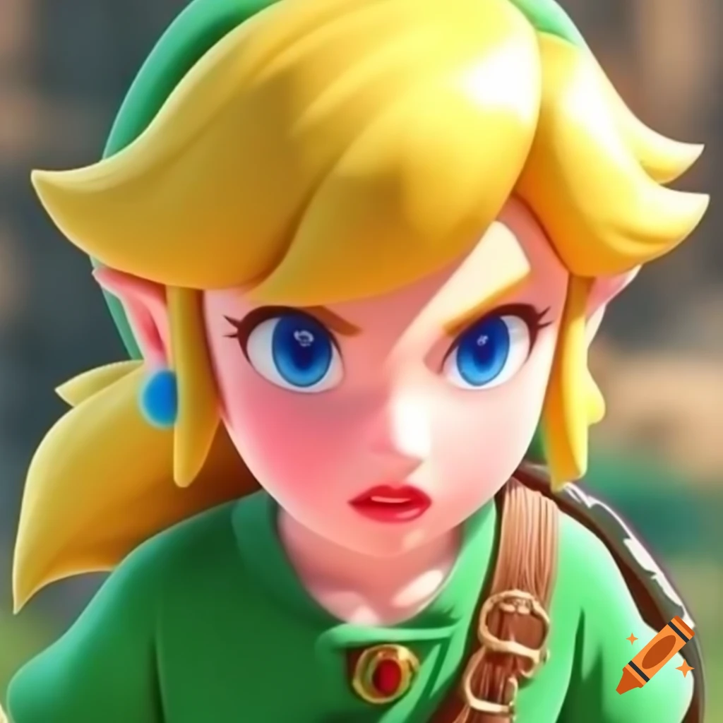 Link in green tunic with Princess Peach inspired look, vibrant makeup and annoyed expression on ...