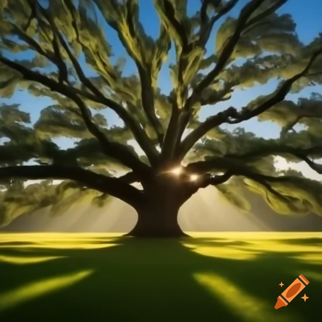 Large oak tree casting shadow in sunlight on Craiyon