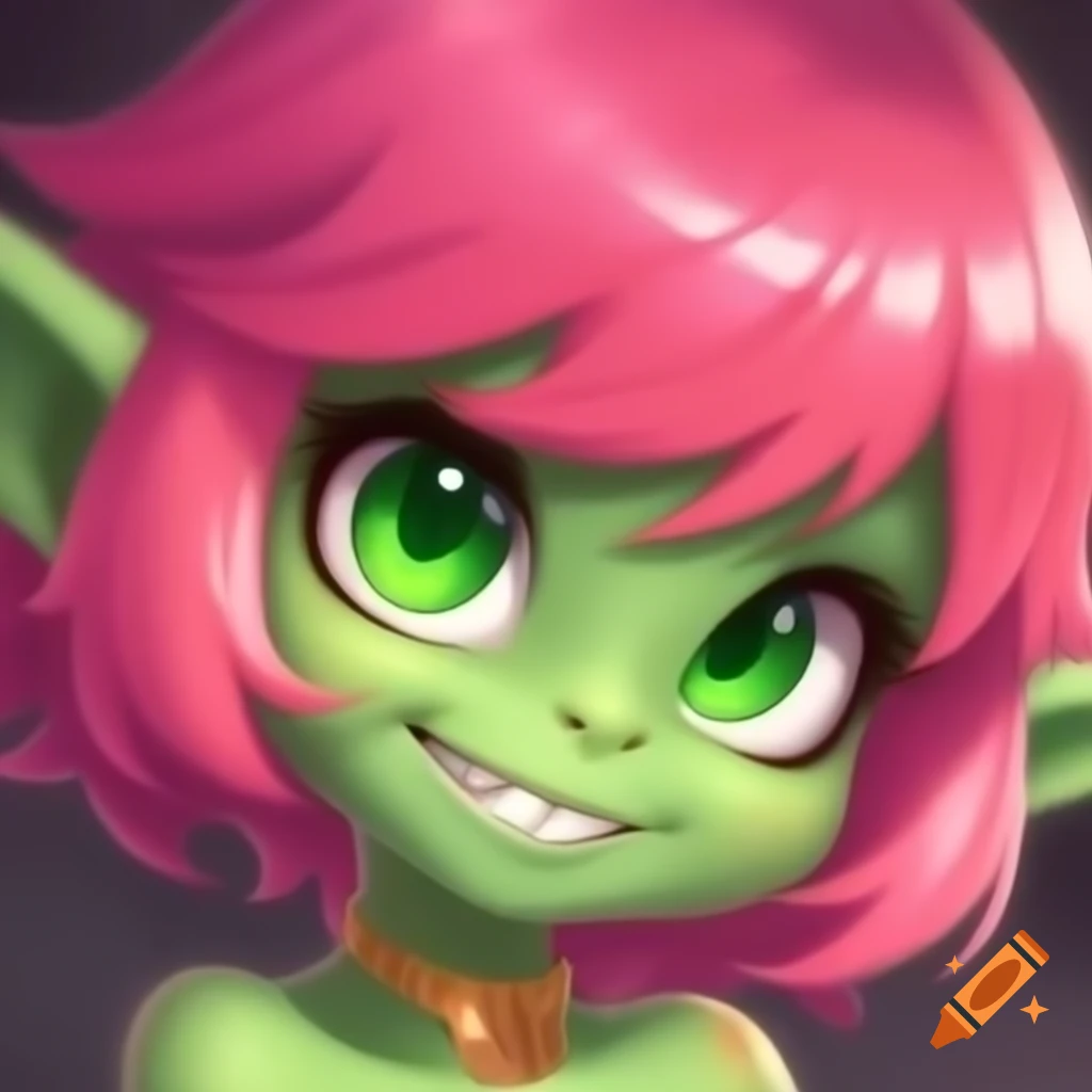 Close-up of cute pink-haired goblin girl with large green eyes and ...