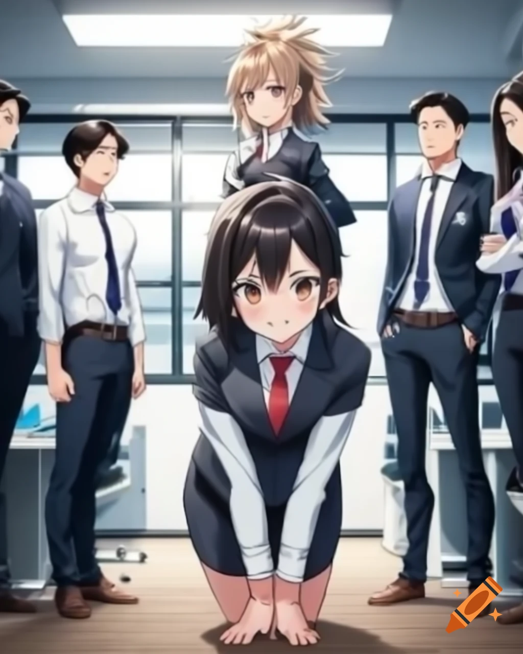 Anime scene of young woman in disheveled business outfit crawling in ...