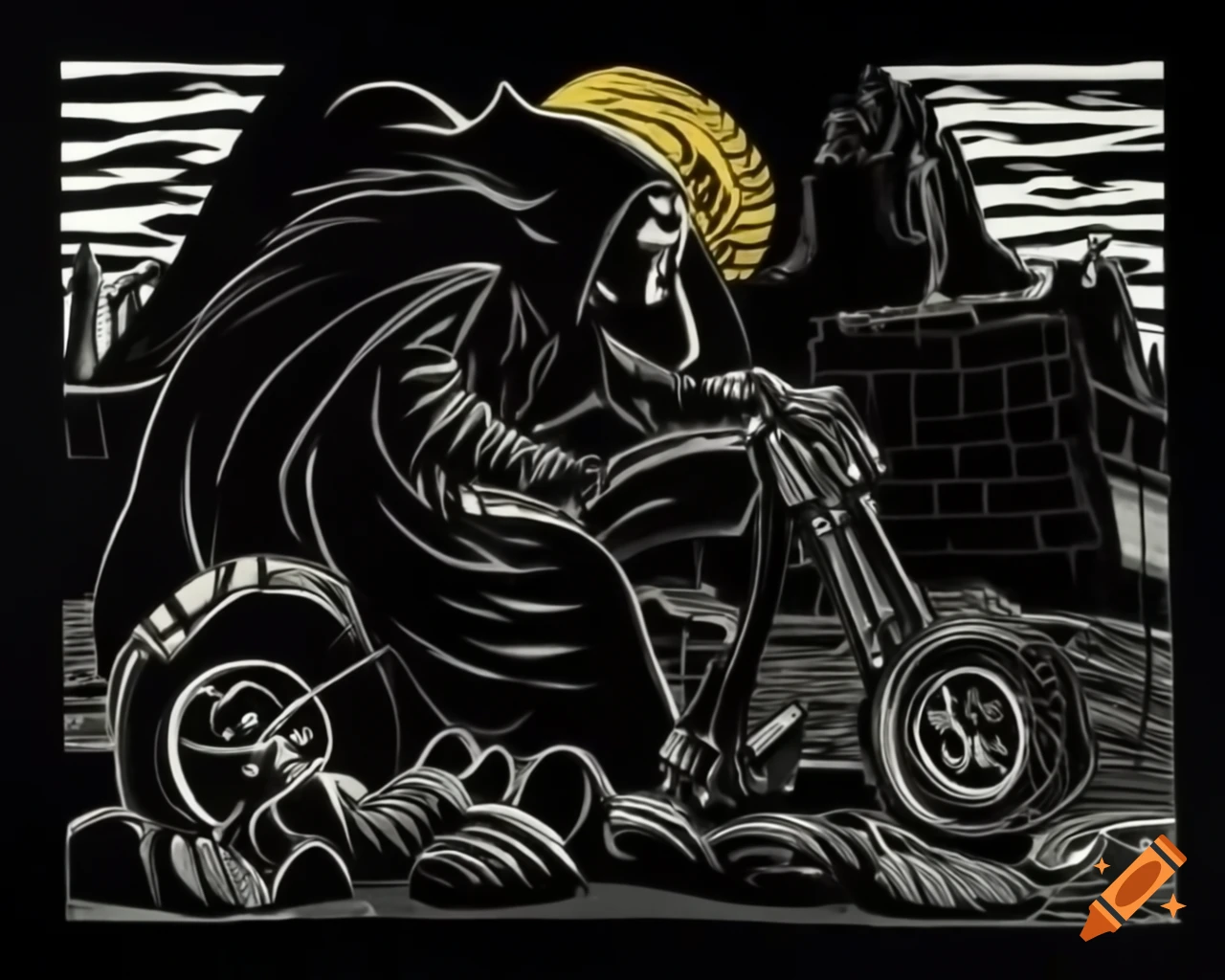 High-contrast linocut of Reaper on chopper riding desolate highway on ...