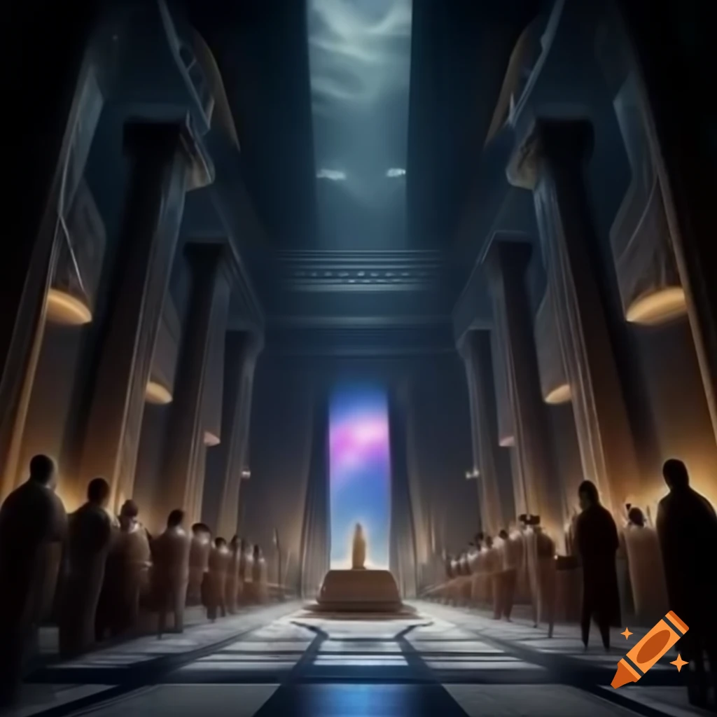 Futuristic roman temple interior with statues of gods and people on Craiyon