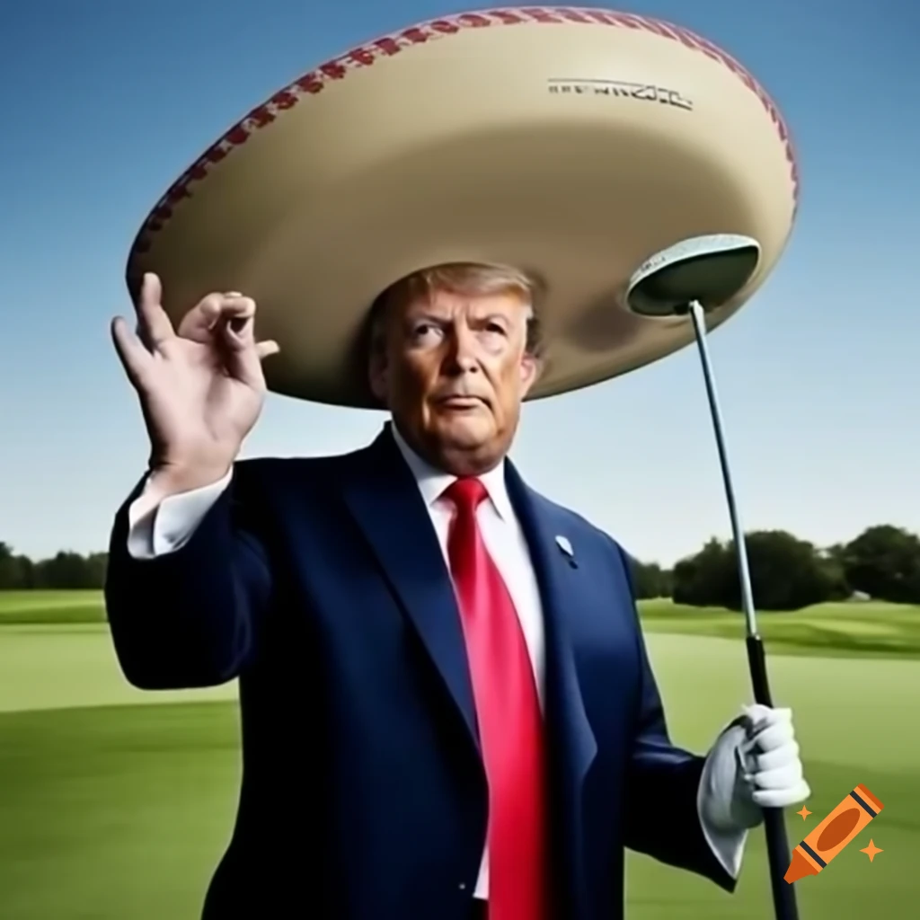 Political satire of trump in sombrero playing golf on Craiyon