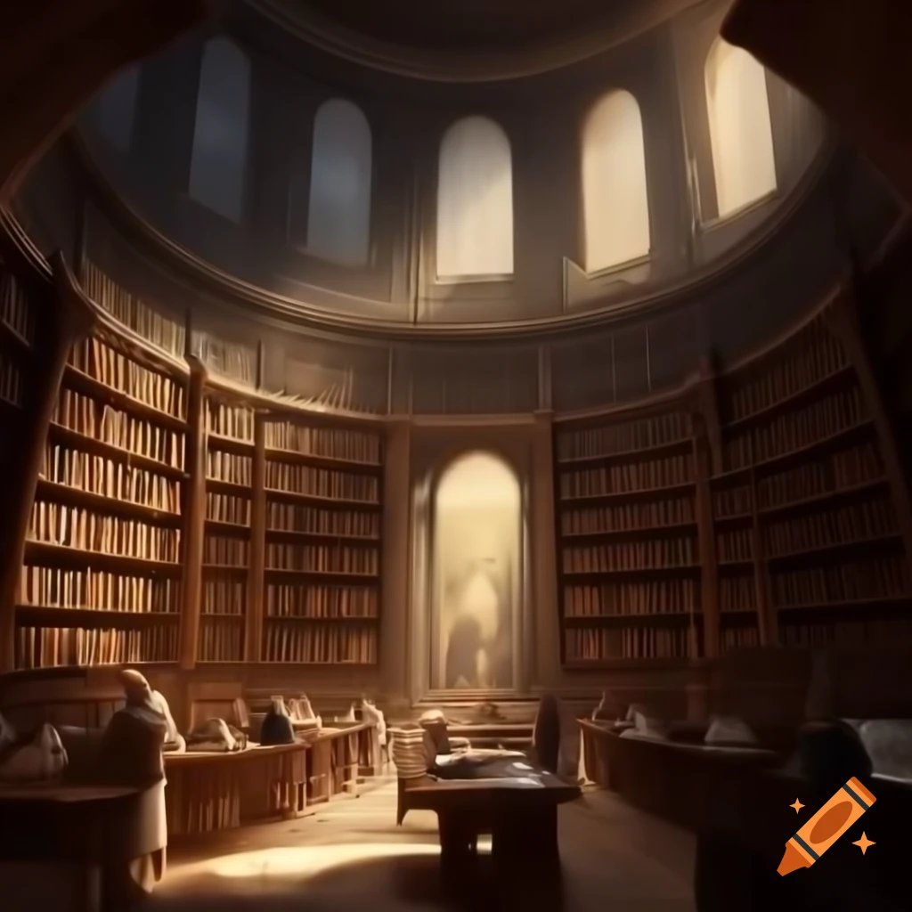 Ancient library with towering shelves and scholars studying on Craiyon