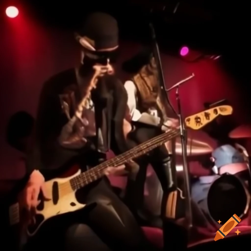 Blues rock music scene with performers in casual attire and retro ...