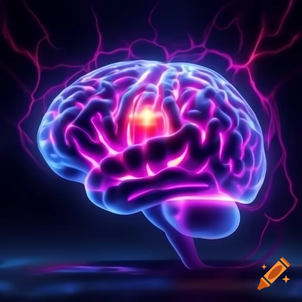 Glowing brain illustration with neon highlights in purple, pink, and ...