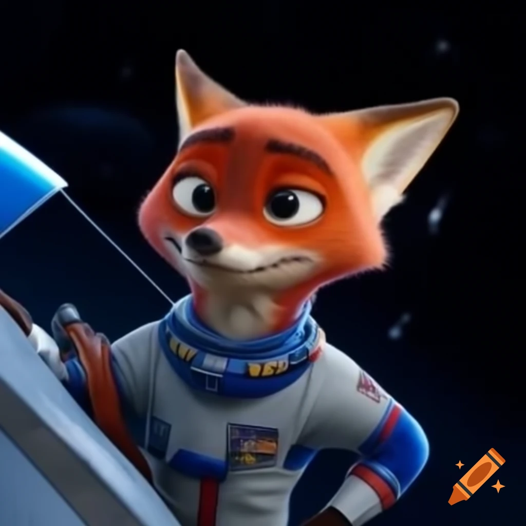 Zootopia fox in a spacesuit aboard a space rocket on Craiyon