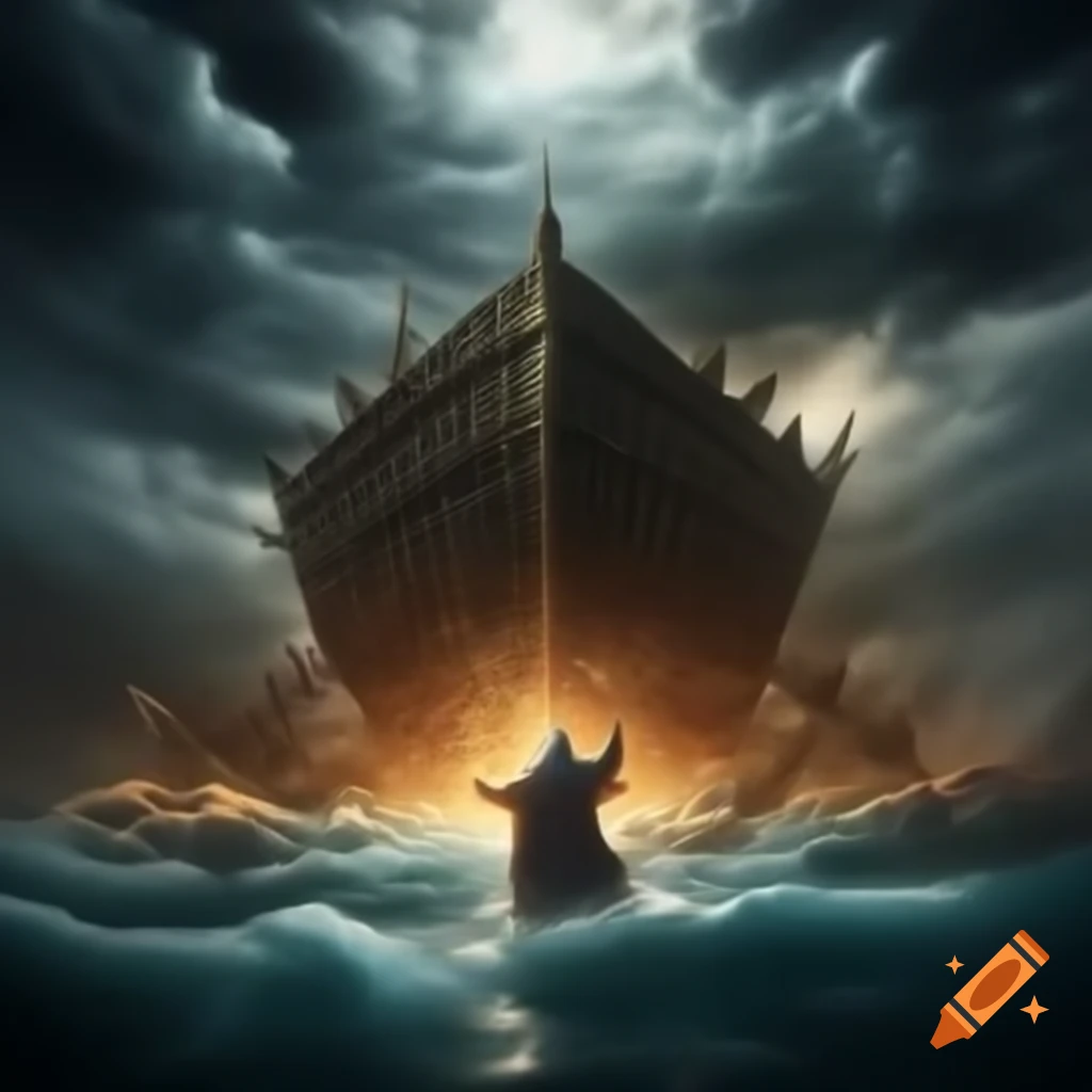 Islamic-style stormy sea with ark and glowing figure of prophet nuh on ...