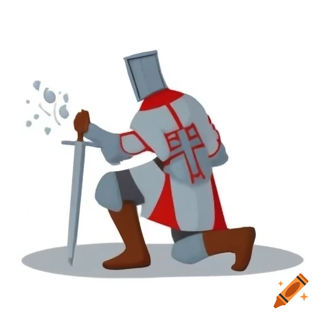 Knight kneeling with sword raised amidst falling dust on Craiyon