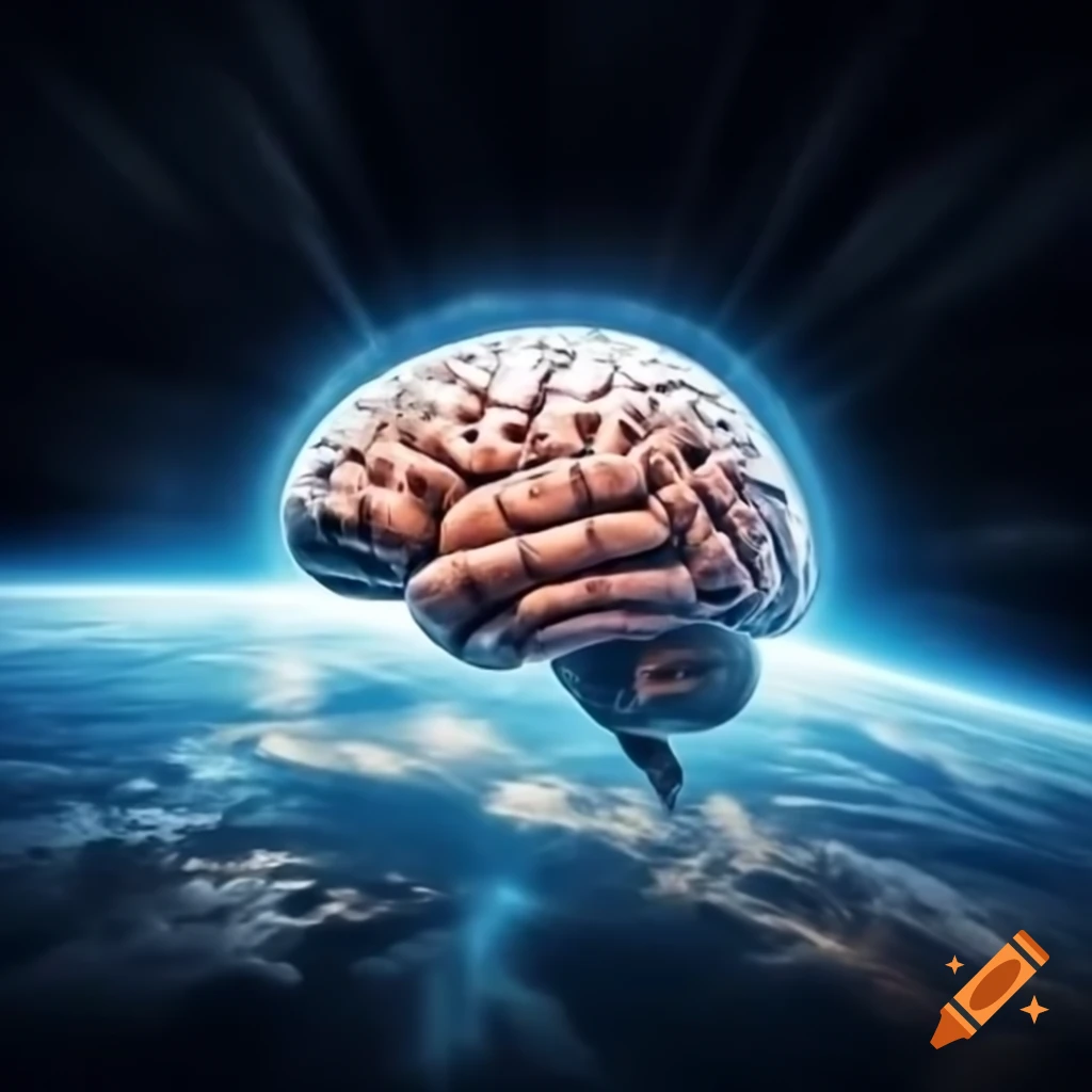 Giant brain emerging from behind earth with divine glow on Craiyon