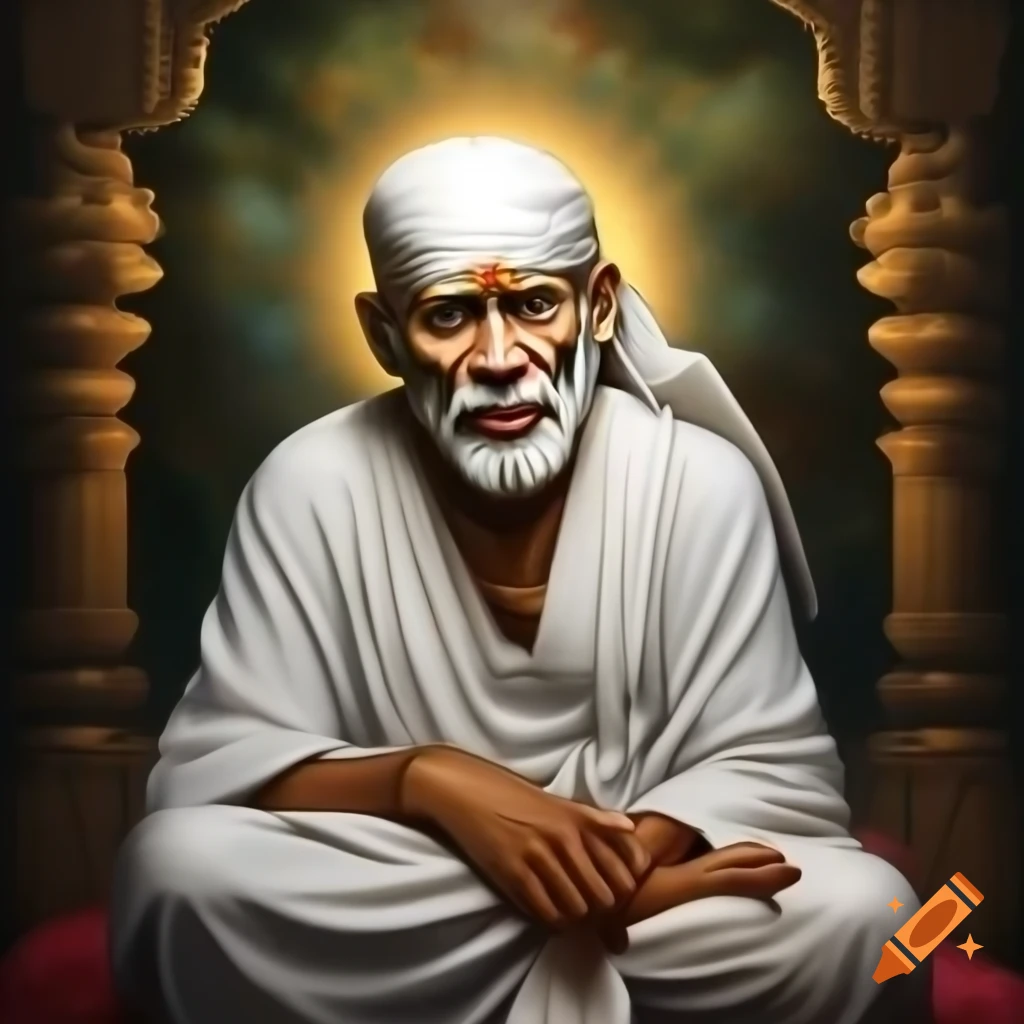 Detailed painting of shirdi sai baba in meditative pose, wearing white ...