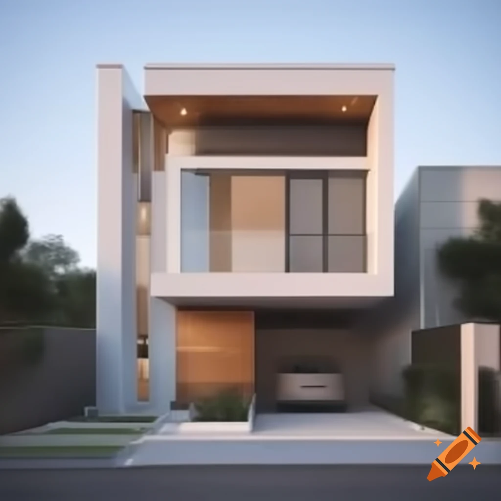 Two-story modernist house facade with large windows and 8 meters front ...