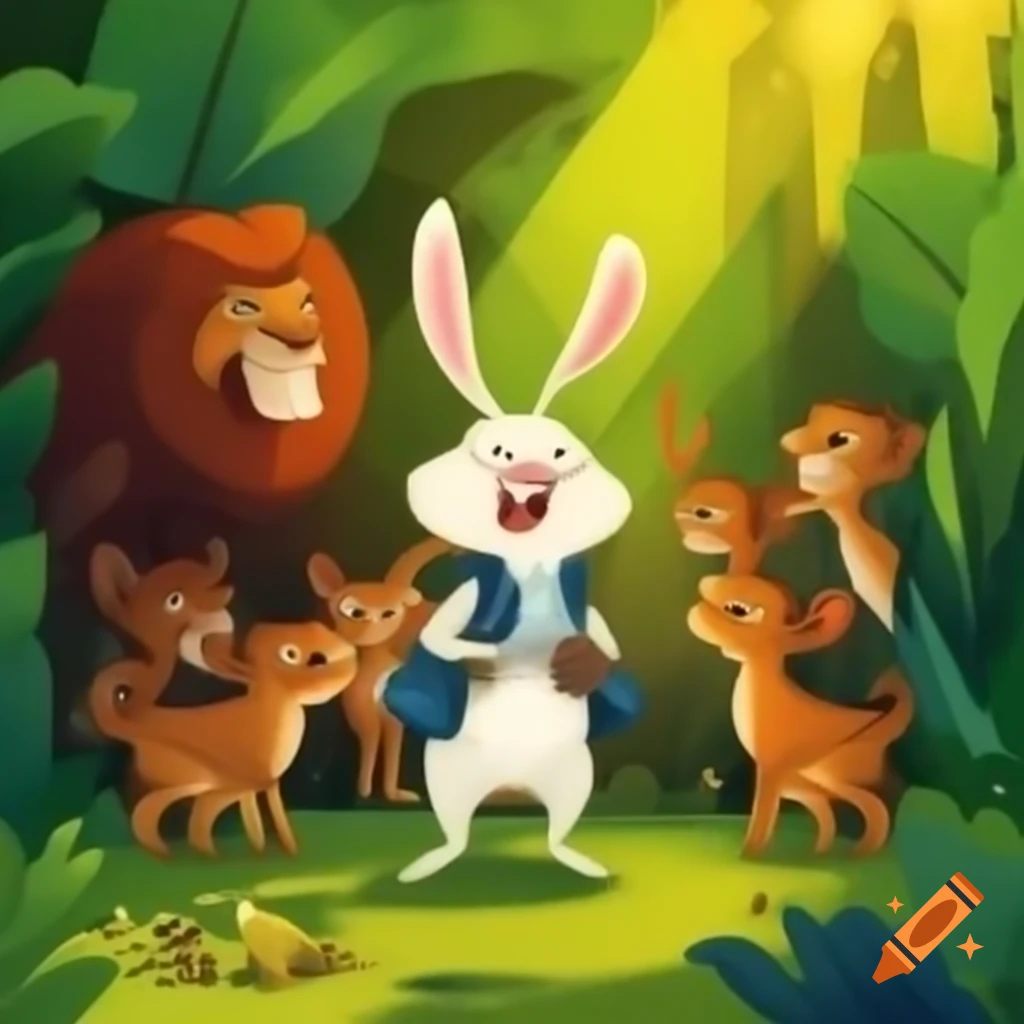 Jungle animals including rabbit and lion in tense interaction on Craiyon