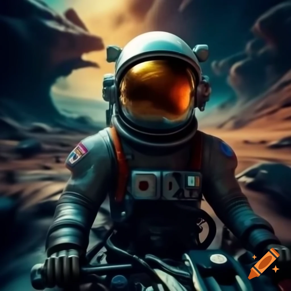 Astronaut riding futuristic motorbike through alien landscape with ...