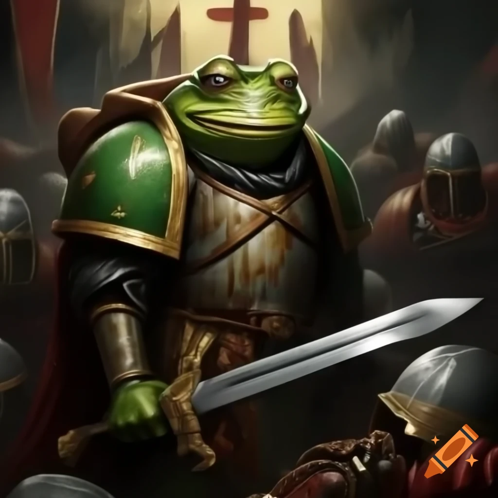 Pepe the frog in warhammer 40k armor on a battlefield on Craiyon