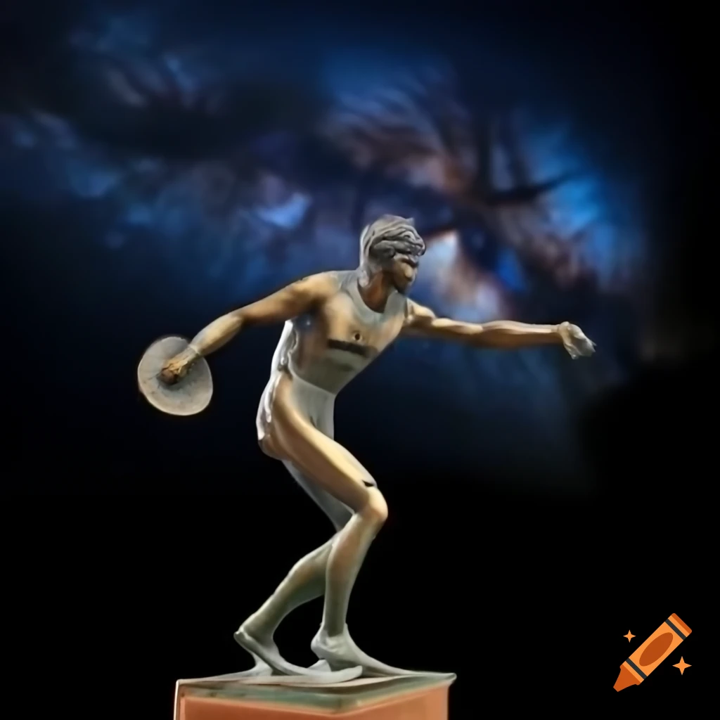 Greek bronze discus thrower statue with milky way in background on Craiyon