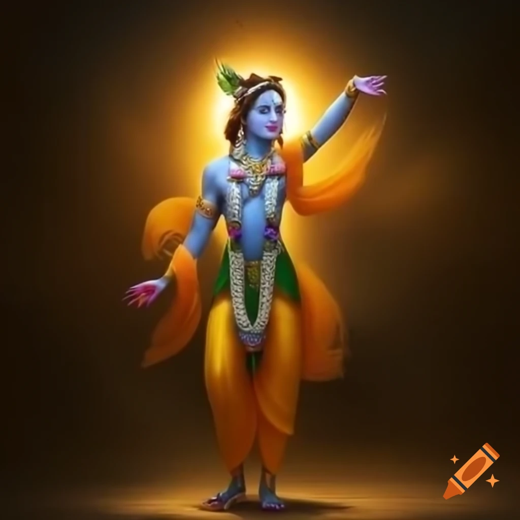 Divine figure krishna in yellow dhoti with arjuna near the lake on Craiyon