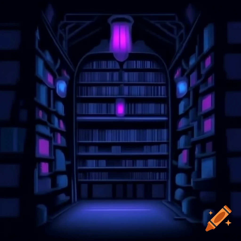 Dimly lit library with neon signs blending fantasy and dark academia on ...