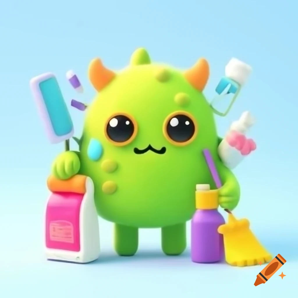 Cute monster made of cleaning products engaged in cleaning activities ...