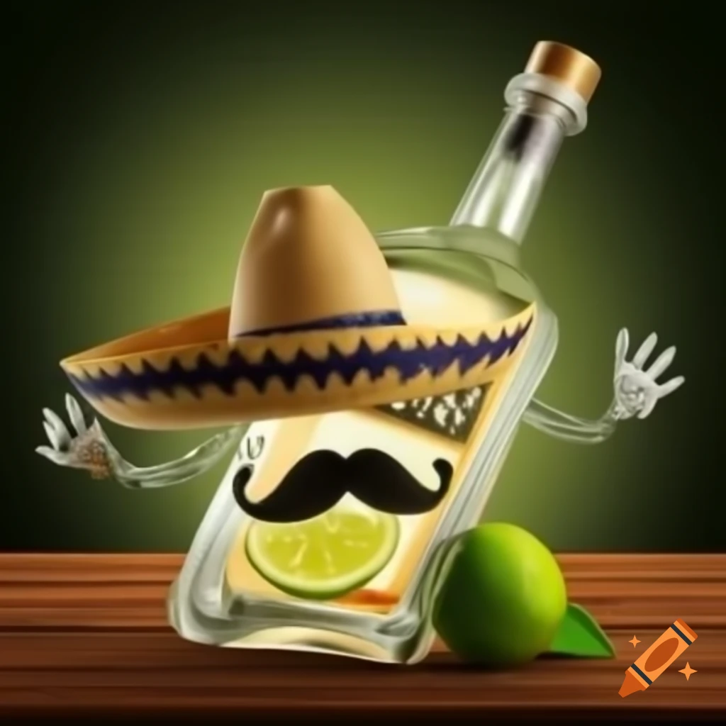 Humanoid tequila bottle with mustache and sombrero, holding lime and ...