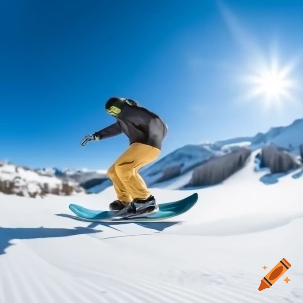 Snowboarder riding down slope in winter landscape with sun reflecting ...