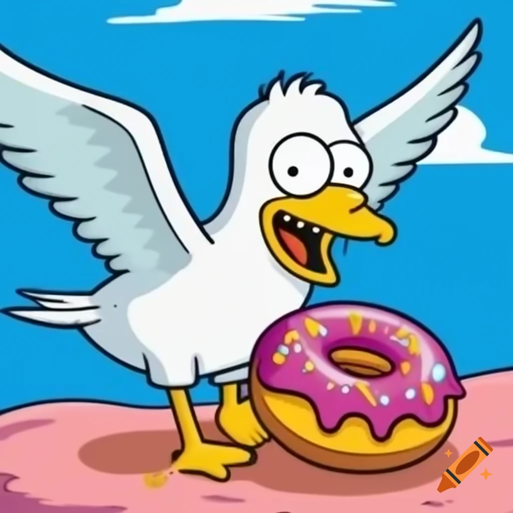 Seagull stealing donut from cartoon character Homer Simpson on Craiyon