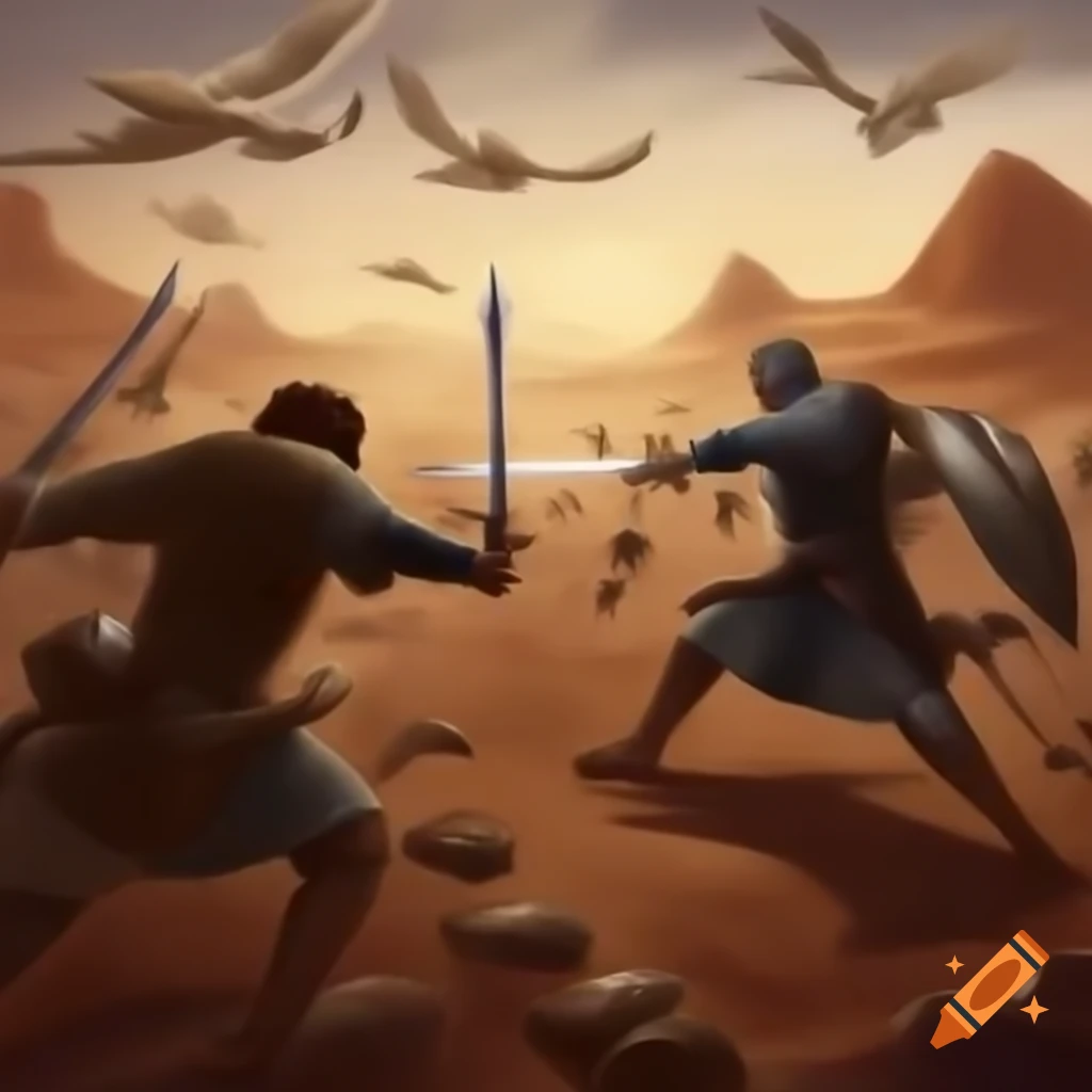 Medieval sword battle in desert trenches between Middle Eastern armies ...