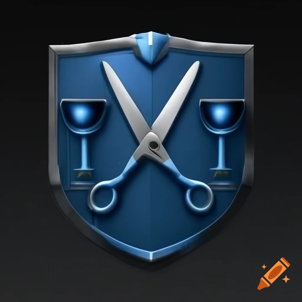 Family crest with blue shears and silver goblet, symbolizing heritage ...