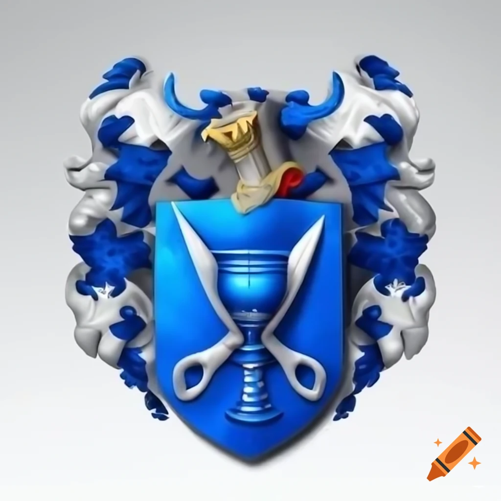 Family crest with blue shears and silver goblet, symbolizing heritage ...