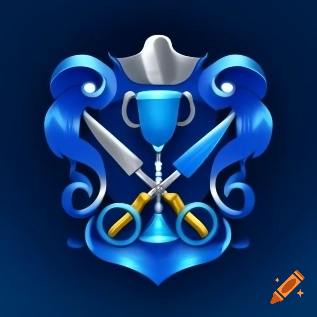 Family crest with blue shears and silver goblet, symbolizing heritage ...