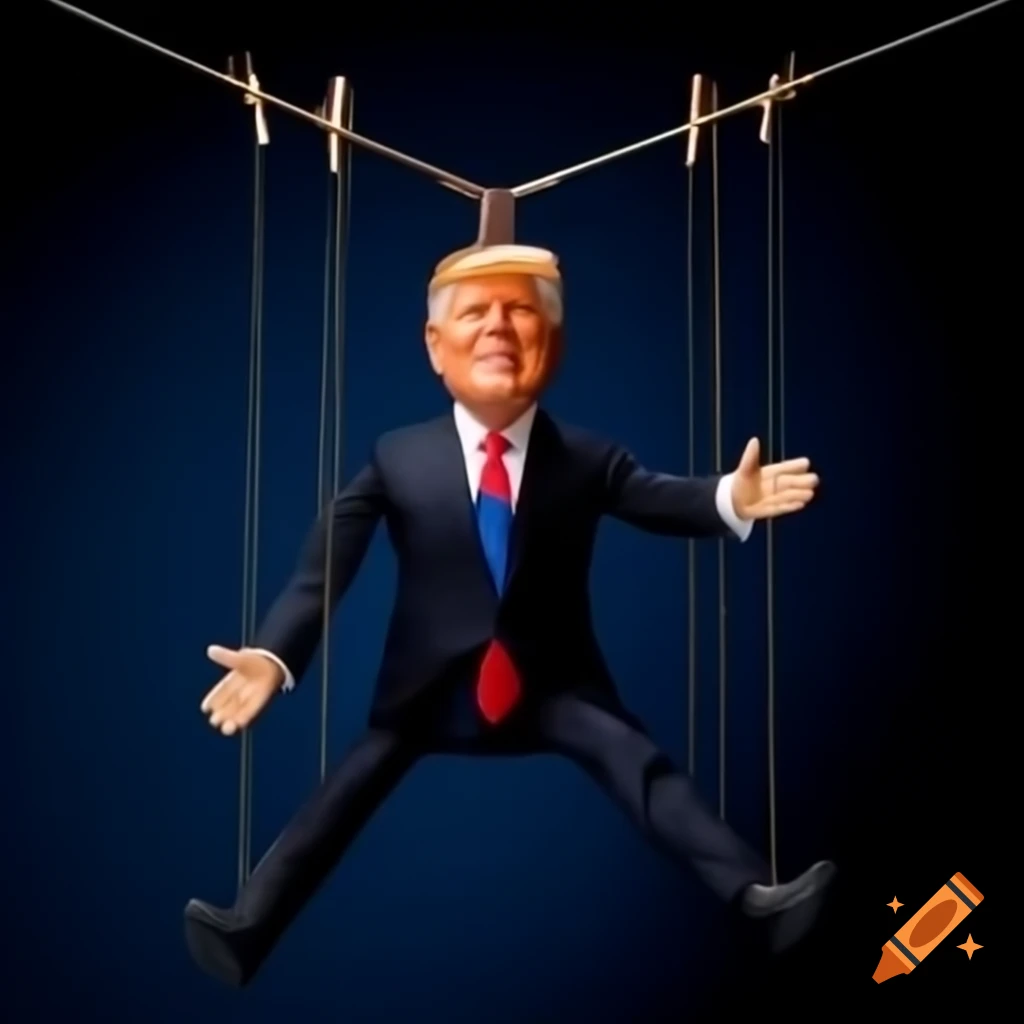 Puppet resembling Donald Trump controlled by Vladimir Putin on strings ...