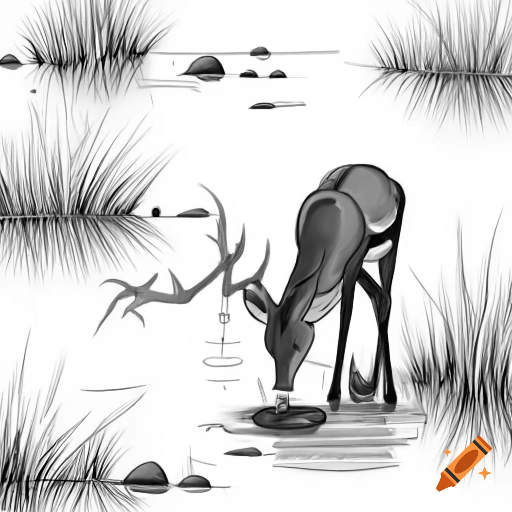 Ink drawing of deer drinking from river surrounded by nature on Craiyon