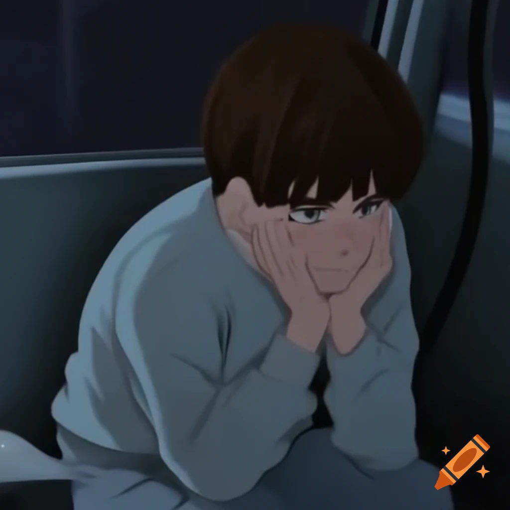 Young anime character with brown hair in blue sweater sitting in dimly ...