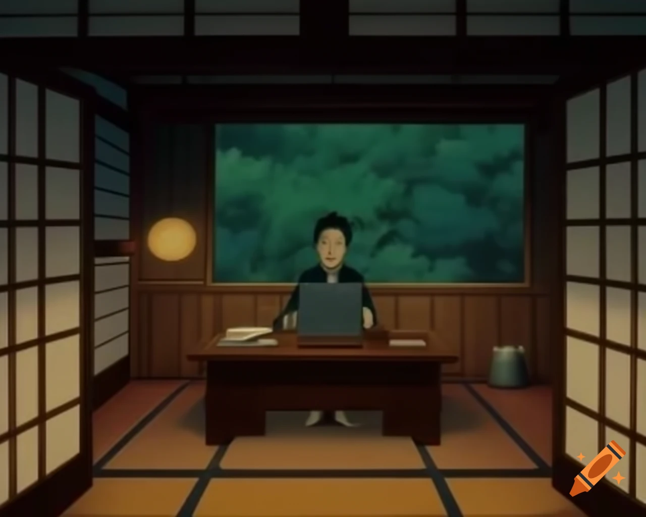 Illustrator desk in traditional Japanese house with warm atmosphere ...