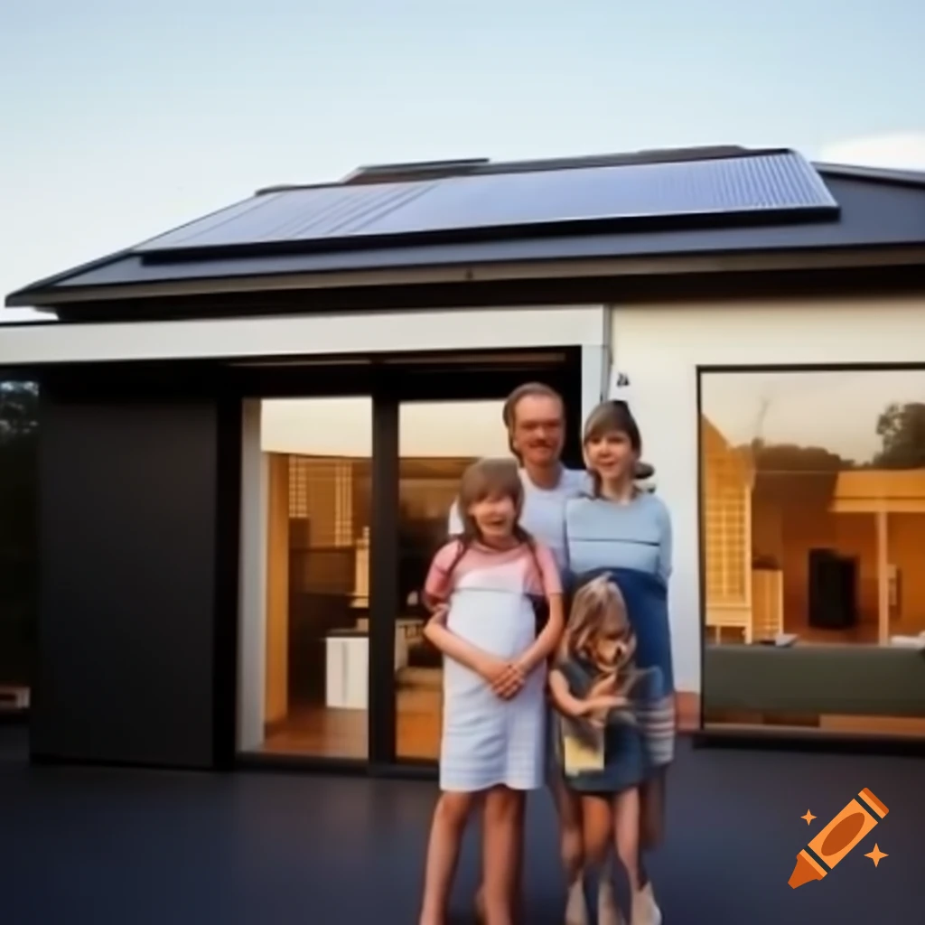 Happy family in front of modern home with solar panels on sunny day on ...