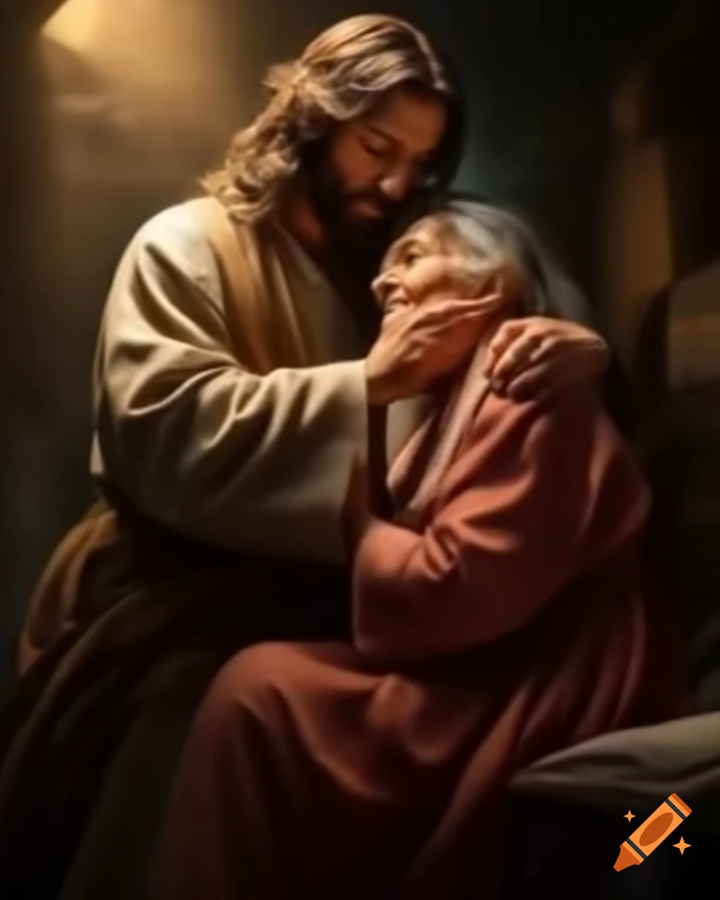 Jesus comforting an elderly woman with love and compassion on Craiyon