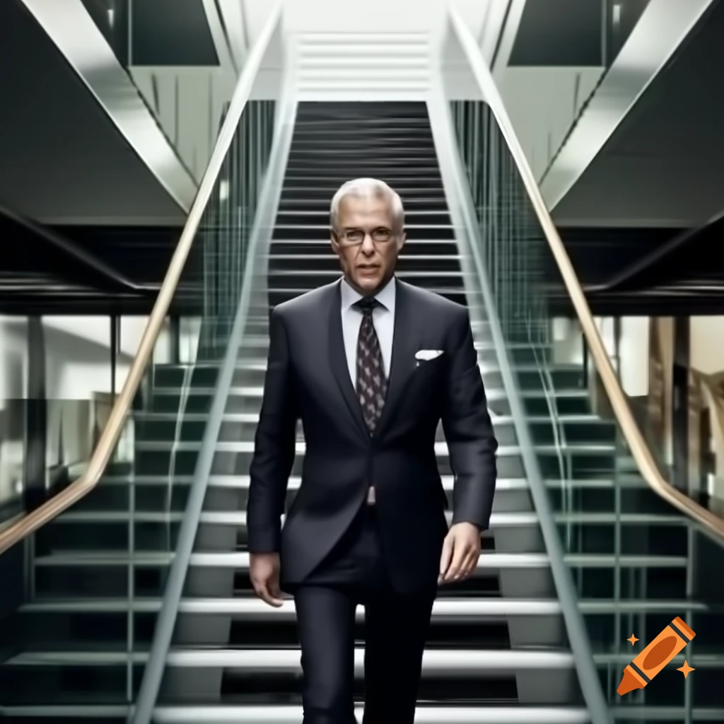 Tall male architect in tailored suit walking down modern staircase with ...